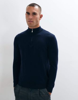 Capo pull &agrave; col zipp&eacute; 1/4 en coton 100 % bleu marine