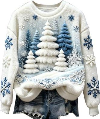 Generic Sweat-shirt de Noël en flanelle imprimé festif pour femme, nouveauté de Noël, pull à col rond, haut dhiver, décontracté, tendance, doux, chaud, vacanc