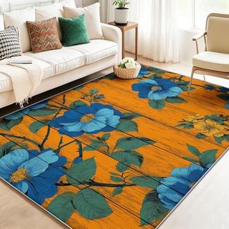 Generic Tapis de Salon 160 x 230 cm, Orange Bleu Tapis Lavable &agrave; Poils Courts antid&eacute;rapant Doux, Motif R&eacute;tro Rustique Champ&ecirc;tre Floral, pour Chambre denfant B