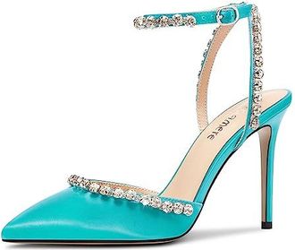 Castamere Femmes Aiguille Haut High Talon Heel Pointu Bout Lanières Cheville Diamant Cristal Escarpins Danse Satin 10 CM Heels Bleu Cyan 45 EU