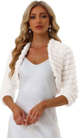 Allegra K Damen Kurze Jacke 3/4 &Auml;rmel Vorne Offener Kunstpelz Flauschige Shrug Bolero Wei&szlig; XL