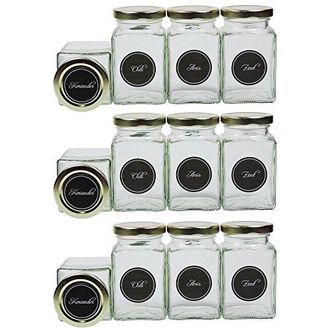 Viva Haushaltswaren mikken 12 eckige 260 ml inkl. 24 Gew&uuml;rzetiketten Deckelfarbe Gew&uuml;rzgl&auml;ser, Glas, Klar,Gold, 6-Einheiten