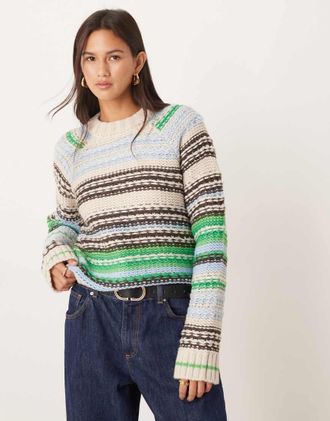 Vero Moda Pull en maille m&eacute;lang&eacute;e &agrave; rayures - Vert et marron-Multicolore