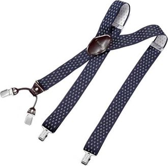 DonDon bretelles hommes larges 3,5 cm avec 4 clips extra-fortes et patch en cuir marron - Losange bleu blanc