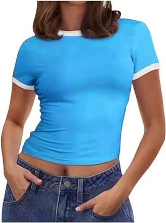 Generic Haut court amincissant tendance pour femme - Bloc de couleurs - T-shirt court ample d&eacute;contract&eacute; &agrave; col rond - Coupe ample - Haut court tendance 2025 - 