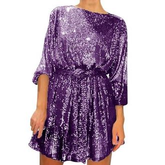 Generic Robe courte scintillante à manches longues pour femme, robe à paillettes tendance, col rond, robe courte élégante, tunique basique à paillettes avec c