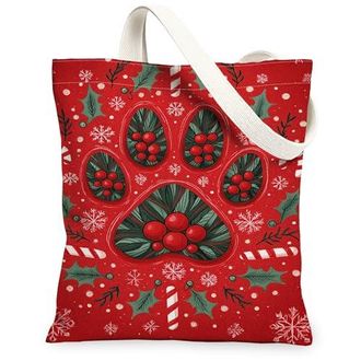 Generic Sacs fourre-tout r&eacute;utilisables en toile &agrave; motif de pattes de No&euml;l, motif feuilles de baies, sacs vintage l&eacute;gers et lavables en toile pour voyage en pl