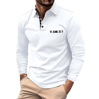 Generic Polo &agrave; manches longues pour homme - Mat&eacute;riau en coton d&eacute;contract&eacute; avec poche sur la poitrine, d&eacute;tail de col &agrave; boutons classique, coupe confortable ada