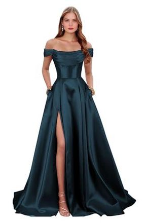 Generic Robes de bal en satin avec fente sans bretelles, corset trapèze, robes de bal à épaules dénudées, longues robes de soirée formelles avec poches, bleu 