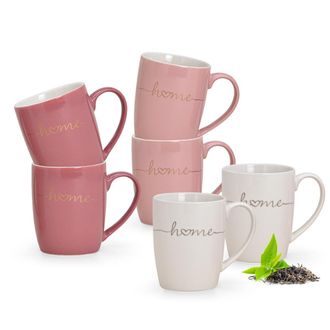 Matches 21 Sch&ouml;ne Tassen 6er Set mit Herzen gold Spruch HOME in wei&szlig;, rosa & pink - Moderne Porzellan Kaffeebecher f&uuml;r Cappuccino, Kaffee, Tee f&uuml;r 300ml - Romant