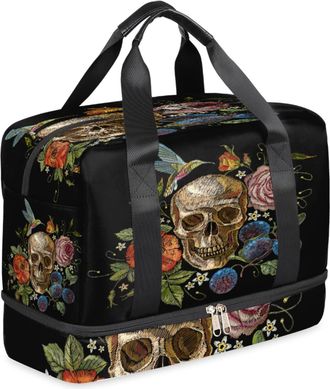 TropicalLife Sporttasche mit Schuhfach, Vintage, Totenkopf, Kolibri, Blume, Blumenmuster, leicht, Reisetasche, wasserdicht, für Damen und Herren
