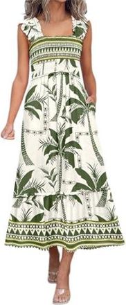 Generic Robe boh&egrave;me 2026 pour femme - Robe d&eacute;contract&eacute;e pour la plage et le quotidien - Maxi fluide avec bretelles spaghetti - Parfait pour le printemps, l&eacute;t&eacute;