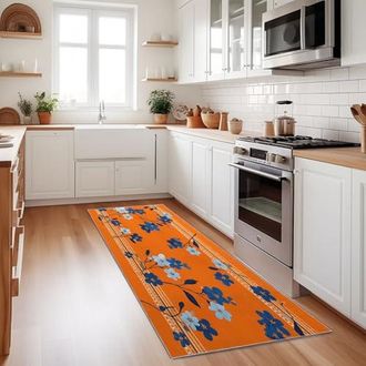 Generic Tapis de Couloir R&eacute;tro Minimaliste Orange Petit Motif Floral - Orange Lavable Tapis de Couloir pour Interieur Chambre &agrave; Coucher Buanderie, 50 x 150 cm