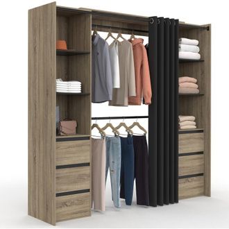 IDMarket Dressing extensible double MERYL 120/180 cm h&ecirc;tre avec 6 tiroirs + &eacute;tag&egrave;res + double penderie + rideau noir