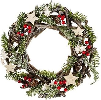 F&eacute;&eacute;ric Lights & Christmas Feeric Lights et Christmas - Couronne de no&euml;l Ferme aux sapins Bois &eacute;toiles dor&eacute;es d30cm