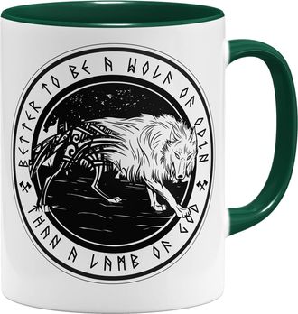 OM3 Vikings Wolf of Odin Kaffee-Tasse Wikinger - Keramik Becher - 11oz 325ml - Beidseitig Bedruckt - Grün