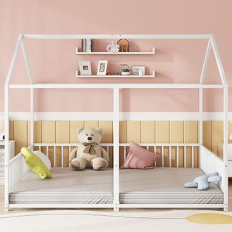 Generic Metallbett mit Doppelbett-Design, Hausmodellierung, stabilem Geländer und Leiter, Jugendbett aus Eisenrahmen, platzsparend und langlebig für Schlafzim
