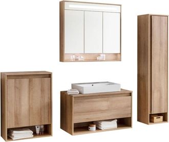 Fackelmann natura Badmöbelset 5-teilig, 94 cm, Braun hell + Spiegelschrank + Midischrank + Hochschrank-90233145