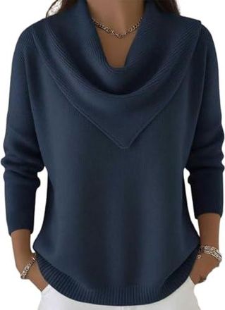 Generic Pull &eacute;l&eacute;gant r&eacute;tro doux &agrave; col triangulaire de couleur unie pour femme, col sophistiqu&eacute;, pull en tricot confortable &agrave; manches longues, bleu marine, 3XL