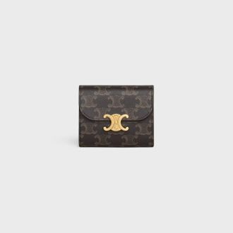 Celine Womens Portefeuille Triomphe Canvas Petit Flap Tan Brown Petite Maroquinerie