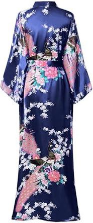Babeyond Kimono Femme Long en Satin - Peignoir Léger Imprimé Paon jusquà la Cheville, Taille unique, Bleu Foncé