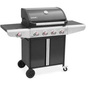 Alice's Garden Barbecue au gaz - Bazin Gris anthracite - Cuisine ext&eacute;rieure 5 br&ucirc;leurs dont 1 feu lat&eacute;ral avec tablettes et thermom&egrave;tre. rangement. roues