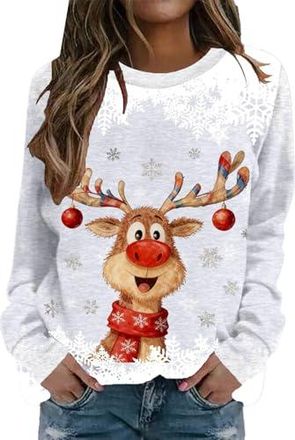 Generico Pull de No&euml;l pour femme en coton avec imprim&eacute; t&ecirc;te de cerf et col rond pour automne et hiver, A Blanc, XL