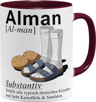 OM3 lustige Kaffee-Tasse mit Spruch - Alman - Typisch Deutsch Sandalen Kartoffeln Socken meme I - Keramik Becher - 325ml - Beidseitig Bedruckt - Bordeaux