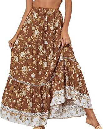 Generic Robe boh&egrave;me 2026 pour femme - Jupe &agrave; ourlet surdimensionn&eacute; en dentelle ajour&eacute;e - Imprim&eacute; patchwork, jaune, XL