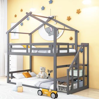 Myboo Etagenbett 90x200, Kinderbett Hochbett f&uuml;r 2 Kinder, Hausbett mit Treppe und Aufbewahrungsregalen, Kinderhochbett mit Rausfallschutz und Lattenrost, B