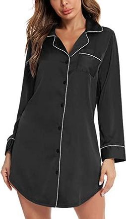 TMISHION Chemise de Nuit en Satin pour Femme Chemise de Nuit Boutonn&eacute;e Chemise de Nuit en Soie Robe de Nuit &agrave; Manches Longues Chemise de Nuit Col en V V&ecirc;tement