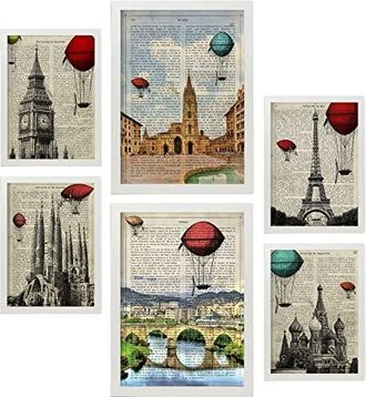 Nacnic SET DE 6 POSSI&Egrave;RES DE VILLES VINTAGES. Collection de plaques avec collage esth&eacute;tique pour la d&eacute;coration dint&eacute;rieur. Tailles A3 et A4. Avec cadre blanc