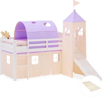 Homestyle4u Hochbett mit Rutsche Lattenrost 90x200 cm Weiß, Kinderbett aus Holz Kiefer, mit Turm Tunnel Vorhang Beige Lila, Artikel 2959