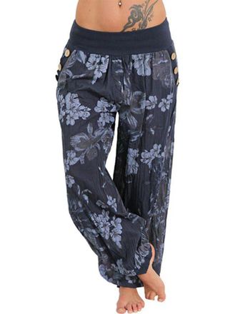 TOMWELL Yogahose Damen L&auml;ssige Blumenmuster Haremshose Lang Strandhose mit Taschen A Dunkelblau 3XL