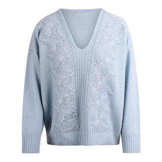 Ermanno Scervino Femme, Pulls, Bleu, Taille: 38 FR Pull &agrave; Col en V avec Bordure C&ocirc;tel&eacute;e et Broderie