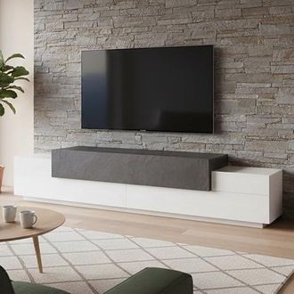 Dmora TV-Schrank Nico, niedriges Wohnzimmer-Sideboard, Fernsehst&auml;nder-Basis, 100 % Made in Italy, 240 x 45 x 52 cm, gl&auml;nzendes Wei&szlig; und Schiefer