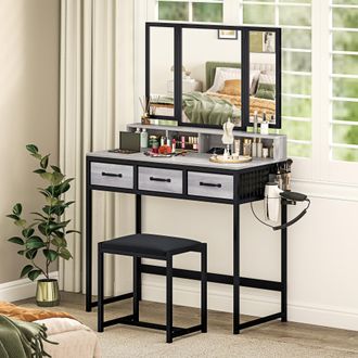 HOMCOM Make-up Waschtisch mit abnehmbarem Triptychon-Spiegel, Waschtisch mit Hocker, 3 Stoffschubladen, Ablagen, F&ouml;nst&auml;nder, Metallkorb, f&uuml;r Schlafzimmer, An