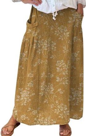 Generic Jupe longue d&eacute;contract&eacute;e en lin avec taille &eacute;lastique pour femme, dor&eacute;, 3XL