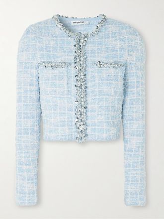 Self Portrait Cardigan Aus Kariertem Boucl&eacute;-tweed Mit Verzierungen - Blau