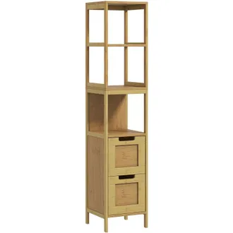 HOMCOM Meuble Colonne Rangement Salle de Bain Style Cosy dim. 30L x 30l x 144H cm 3 &eacute;tag&egrave;res 2 tiroirs Bambou-Bois naturel