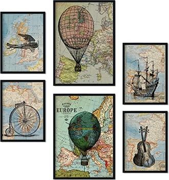 Nacnic Ensemble de 6 affiches de cartes vintage. Collection de plaques avec collage esth&eacute;tique pour la d&eacute;coration dint&eacute;rieur. Tailles A3 et A4. Avec cadre no