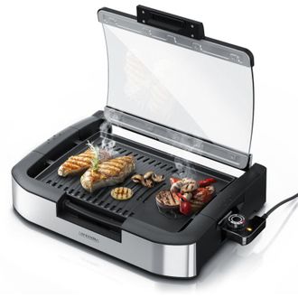 Arendo Gourmet Tischgrill mit Glasabdeckung - Elektrogrill - Barbecue - f&uuml;r Steaks, W&uuml;rstchen, Fisch, Meeresfr&uuml;chte, Gem&uuml;se, Pilze u.v.m. - Arendo