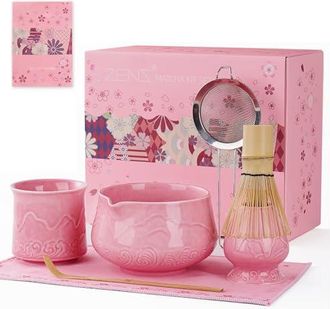 Zens Matcha Kit Rose, 7 pi&egrave;ces matcha set ensemble pour pr&eacute;parer un latte avec Fouet Matcha et bol et Coupe, cuill&egrave;re, tamis 304 et tapis &agrave; th&eacute; pour matcha