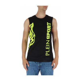 Plein Sport Schwarzes &auml;rmelloses Rundhals-Unterhemd mit Druck - - Sport - Herren - Schwarzk - S
