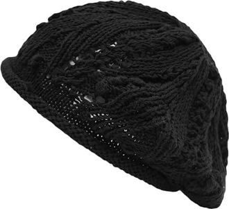 ZLYC Béret dété en Tricot Fait à la Main avec découpe au Crochet pour Femme, Tricot Noir., Taille Unique