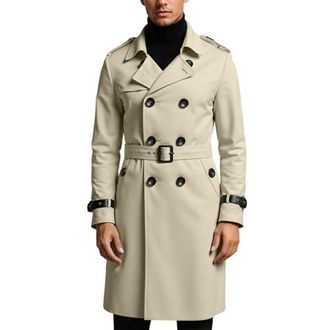 Generic Trench-coat pour homme - Manteau long à revers avec ceinture - Veste daffaires - Veste de printemps - Veste mi-saison décontractée - Veste coupe-vent 