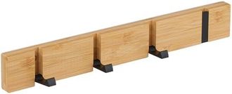 Relaxdays Garderobenleiste, 4 klappbare Haken, Bambus, Metall, zum Bohren oder Kleben, Flur Wandgarderobe, Natur/schwarz