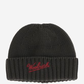 Woolrich Mens Wool Beanie With Logo Military Green Virgin Hat