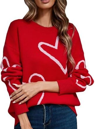 Generic Pull tricot&eacute; pour la Saint-Valentin - Grande taille - Haut &agrave; manches longues - Coupe ample - Confortable - Doux - Imprim&eacute; coeur - Pour femme - Chaud -