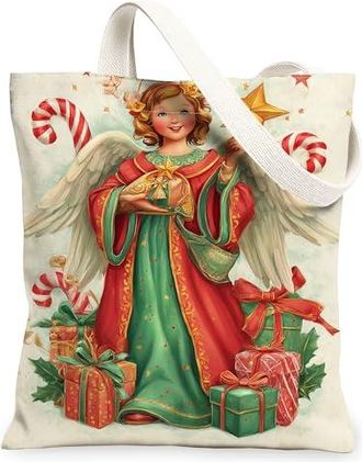 Generic Sacs fourre-tout en toile motif ange de No&euml;l, sacs d&eacute;picerie r&eacute;utilisables, l&eacute;gers et lavables avec bandouli&egrave;re en toile, Rouge, 13x15 Inch